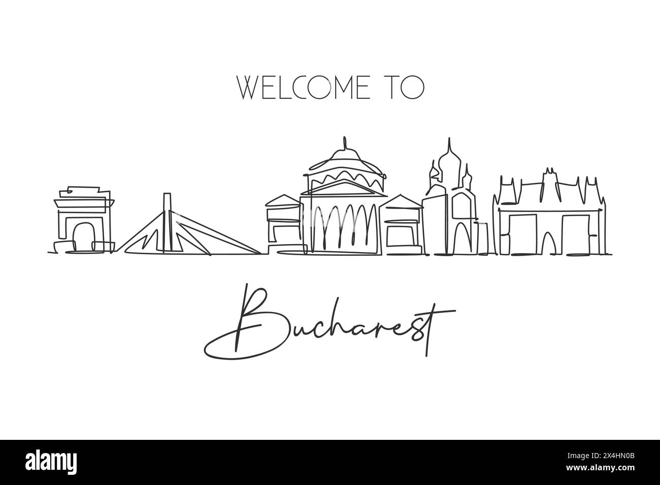 Single continuous line drawing of Bucharest city skyline, Romania ...
