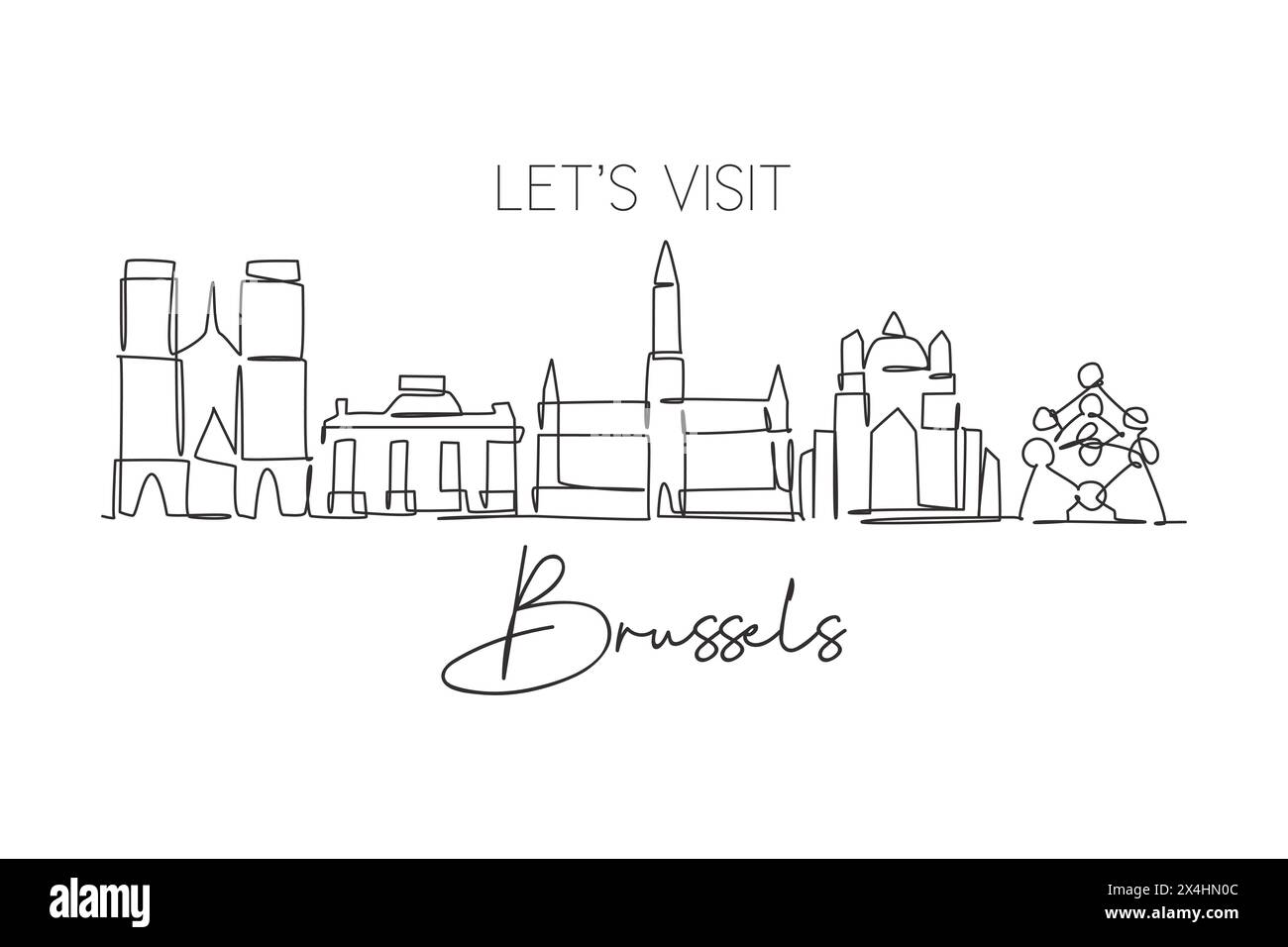 One continuous line drawing of Brussels city skyline, Belgium ...