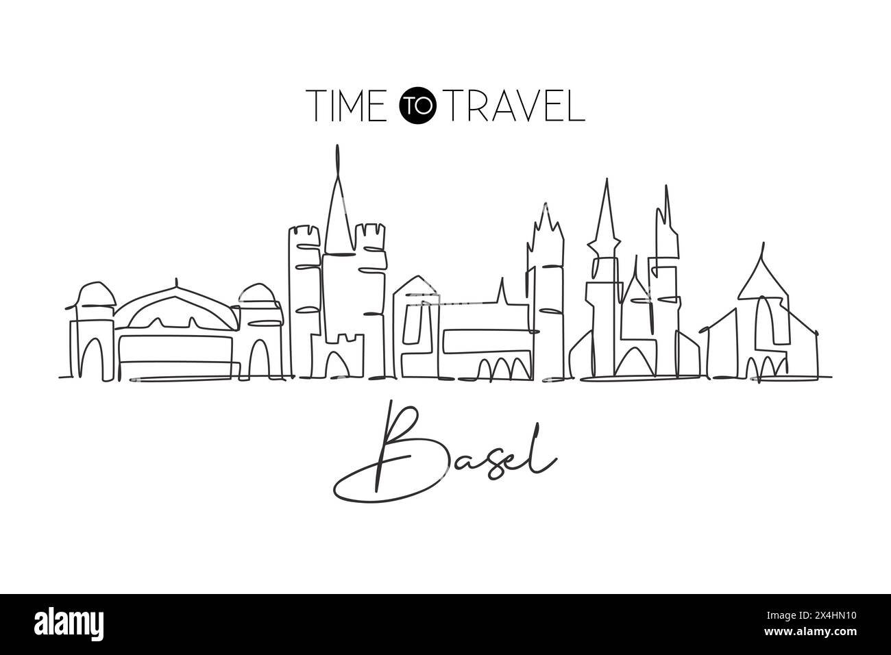 Single continuous line drawing of Basel city skyline Switzerland ...