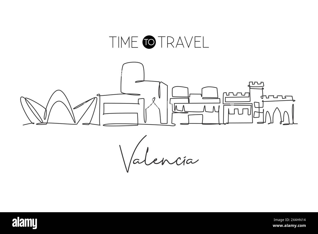 One continuous line drawing of Valencia city skyline Spain. Beautiful ...