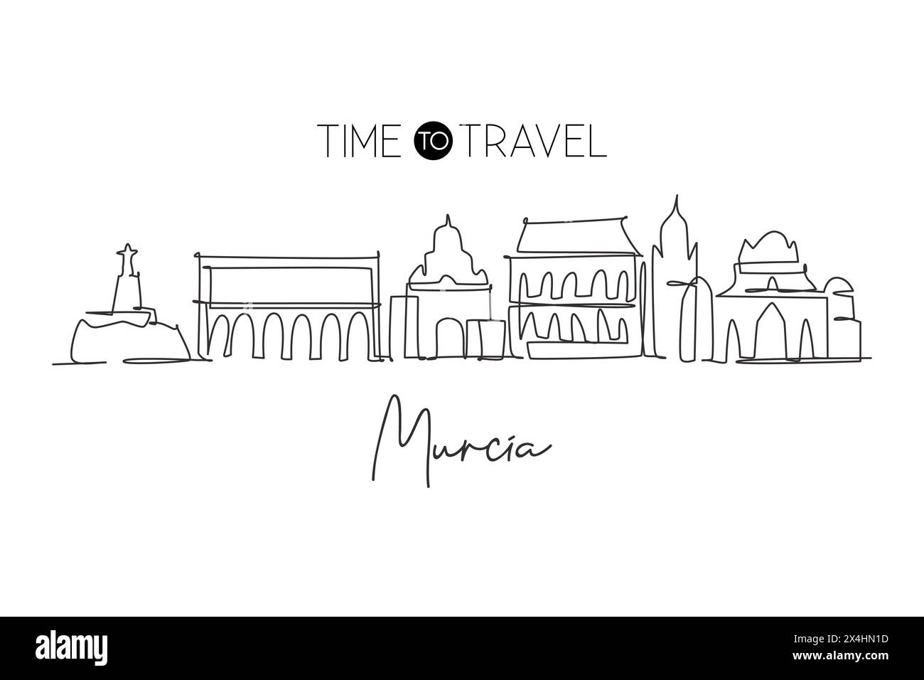 Single continuous line drawing of Murcia city skyline, Spain. Famous ...