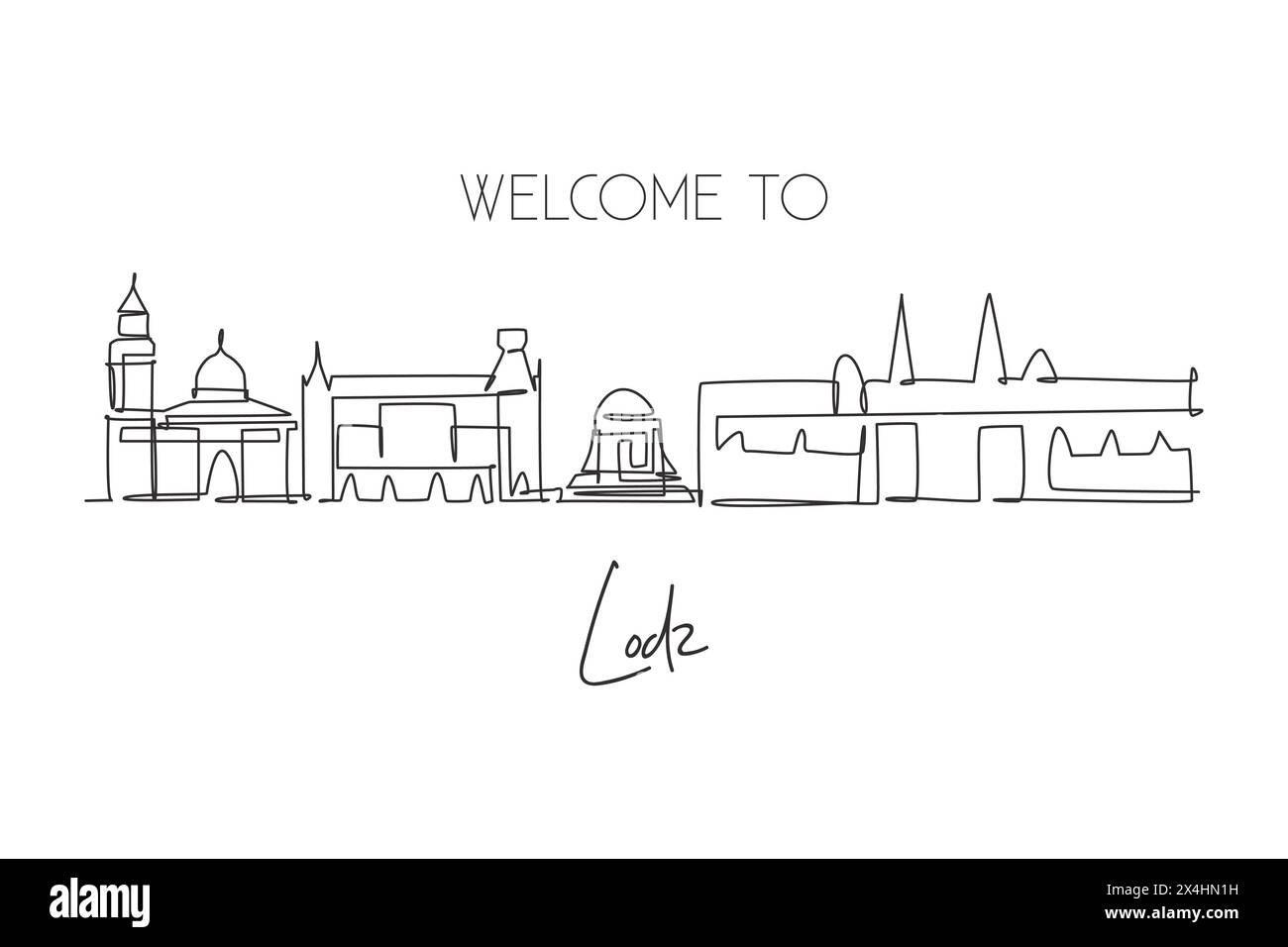 Single continuous line drawing of Lodz city skyline, Poland. Famous ...