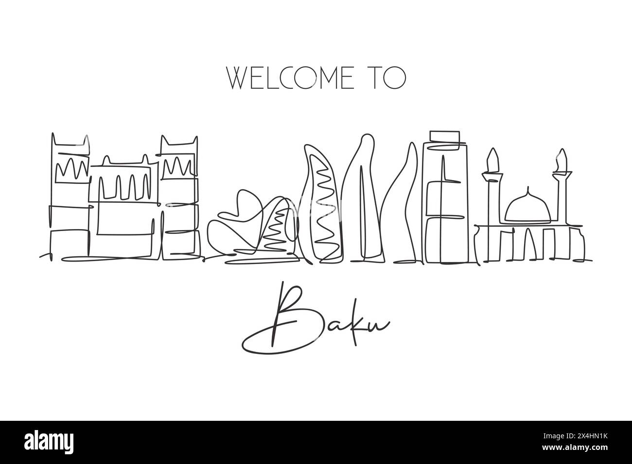 One single line drawing of Baku city skyline, Azerbaijan. Historical ...