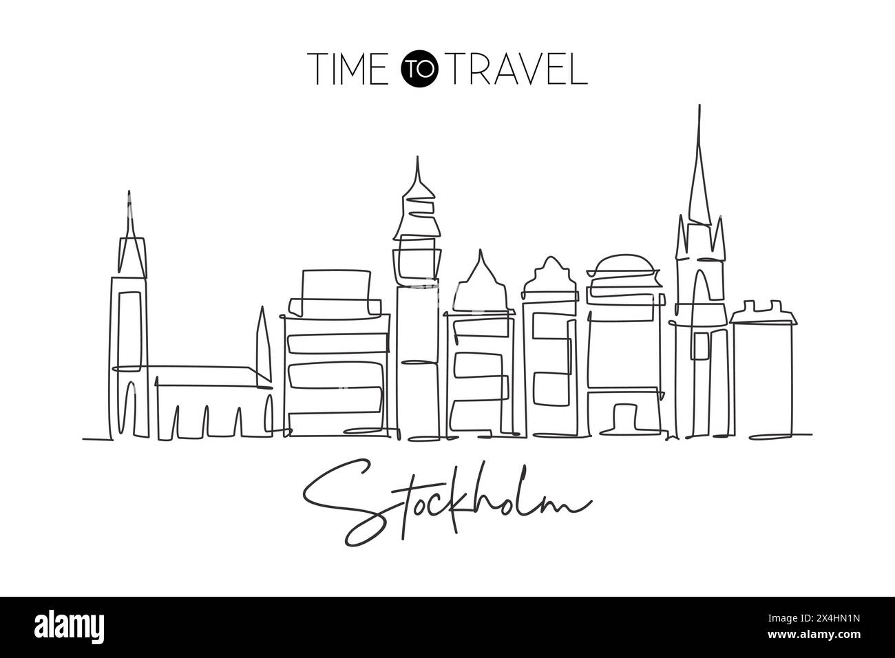 One single line drawing of Stockholm city skyline, Sweden. Historical ...