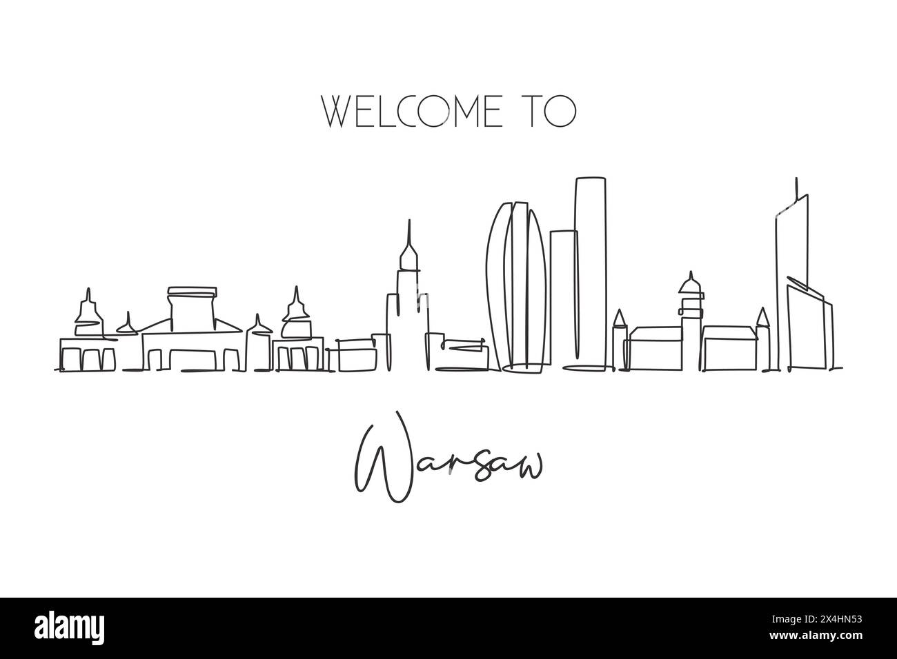 One single line drawing of Warsaw city skyline, Poland. Historical ...
