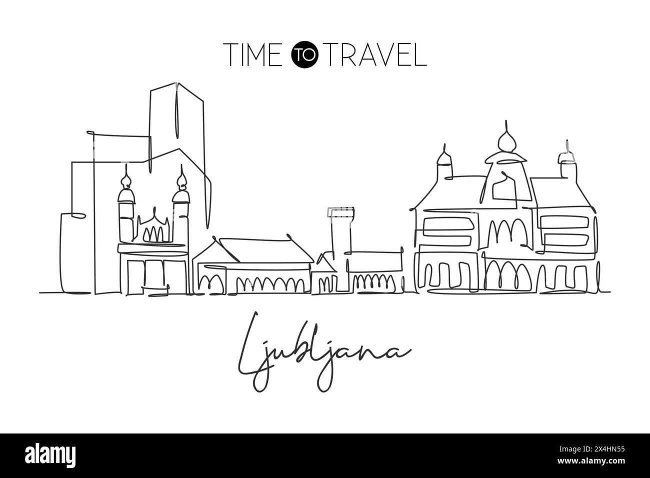 One single line drawing of Ljubljana city skyline, Slovenia. Historical ...