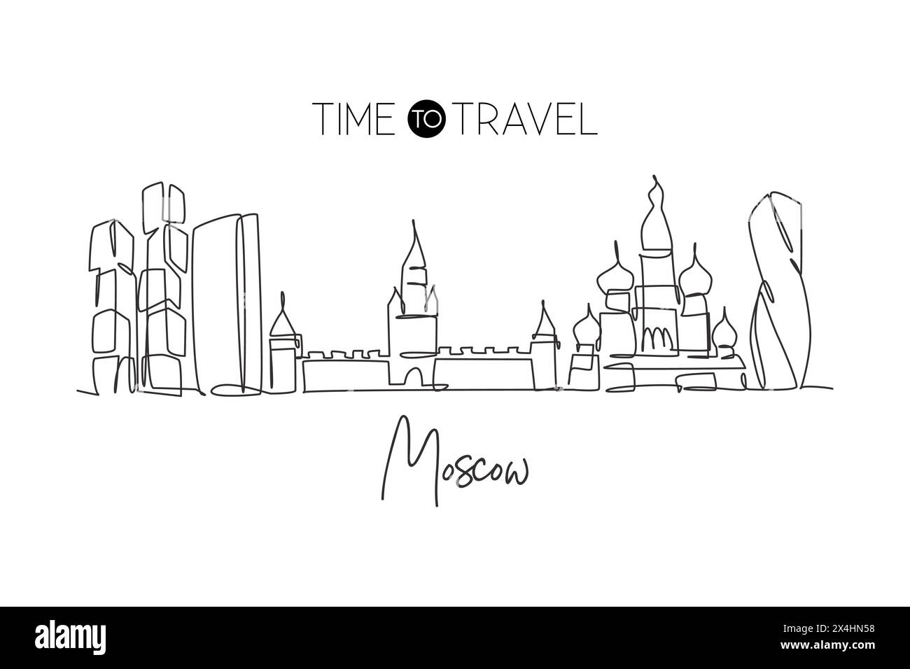 Single continuous line drawing of Moscow city skyline, Russia. Famous ...