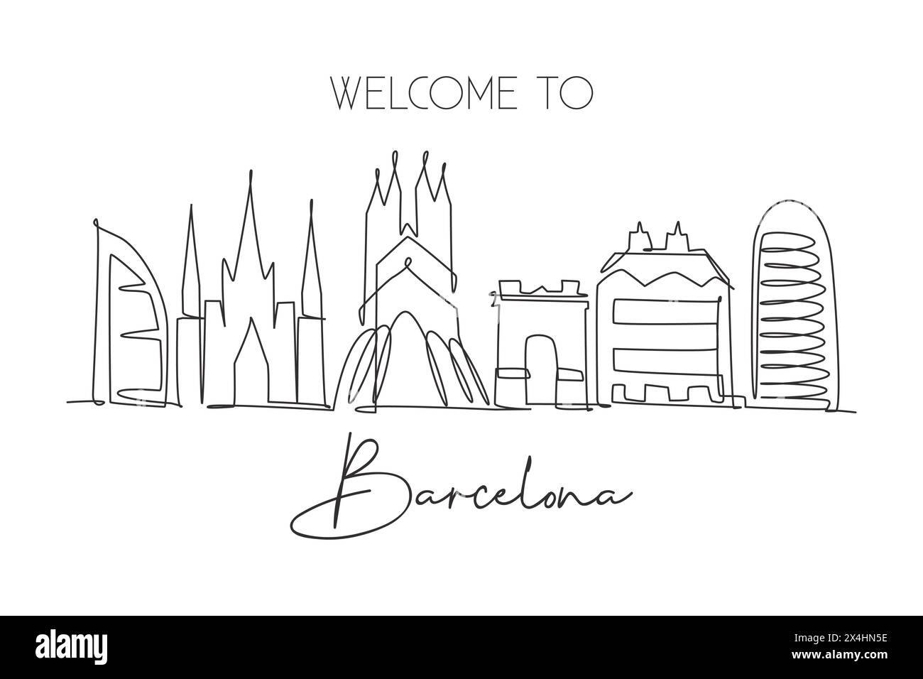 One single line drawing of Barcelona city skyline, Spain. Historical ...