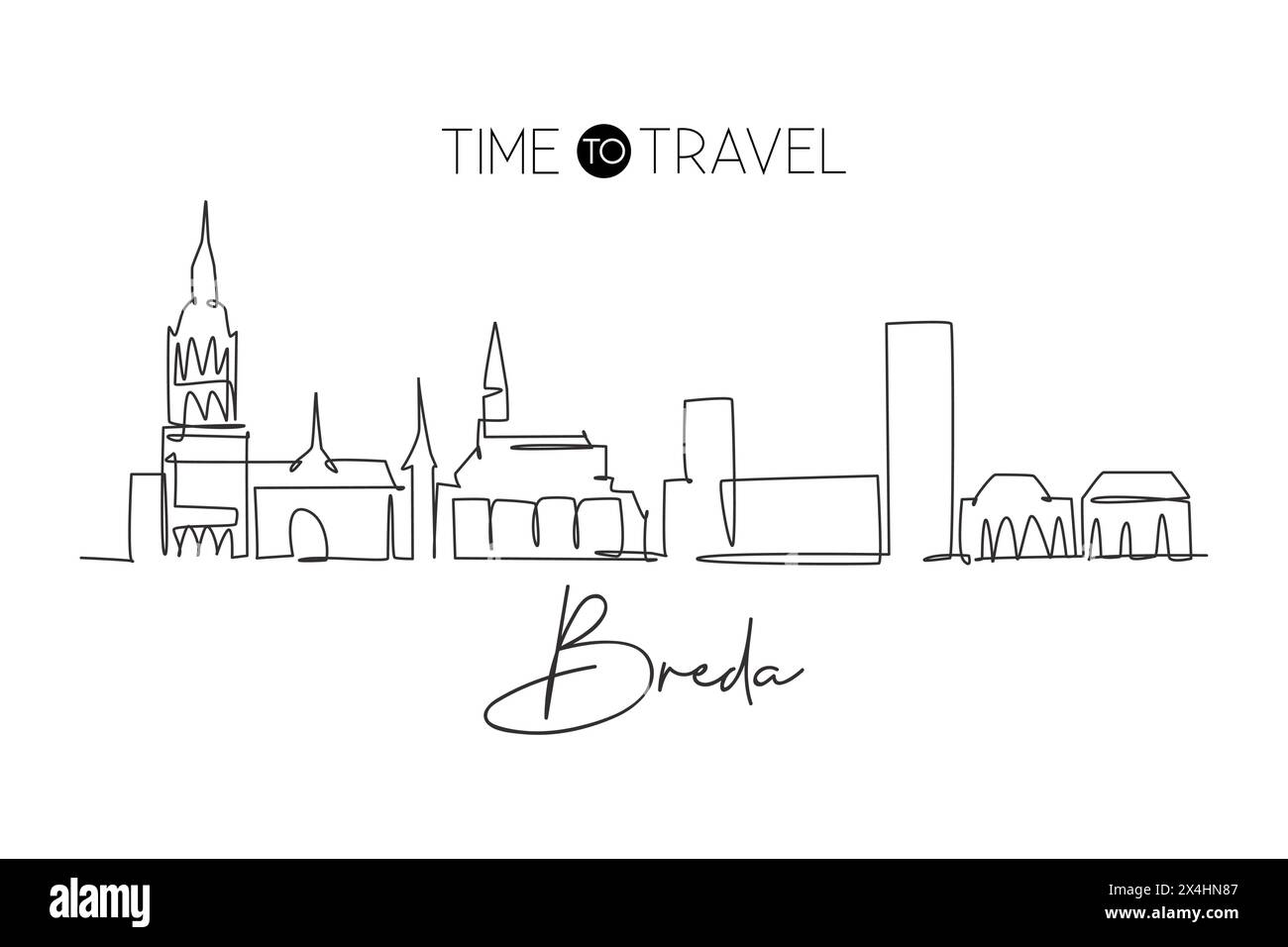 One continuous line drawing of Breda city skyline, Netherlands ...
