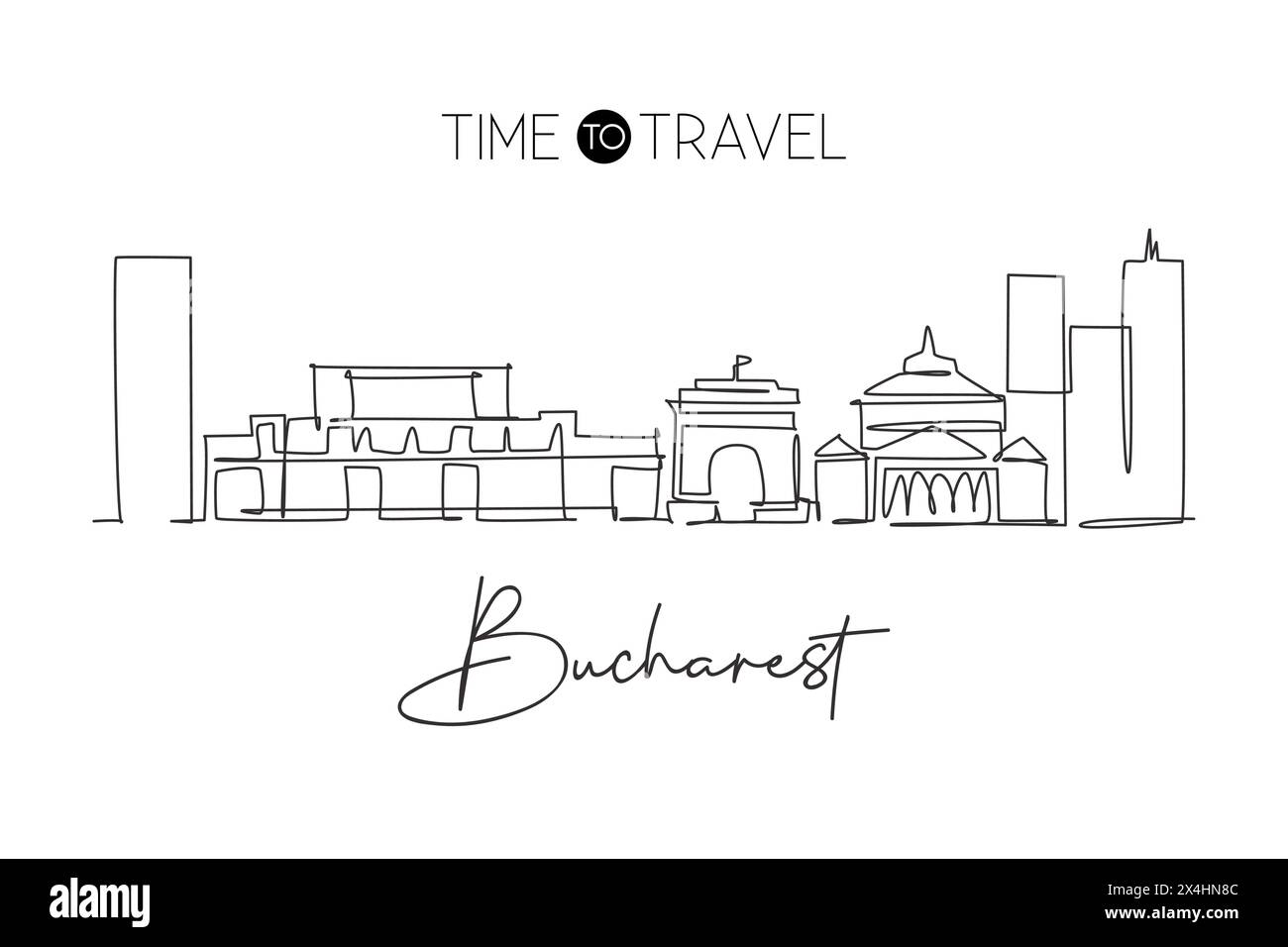 One continuous line drawing of Bucharest city skyline, Romania ...