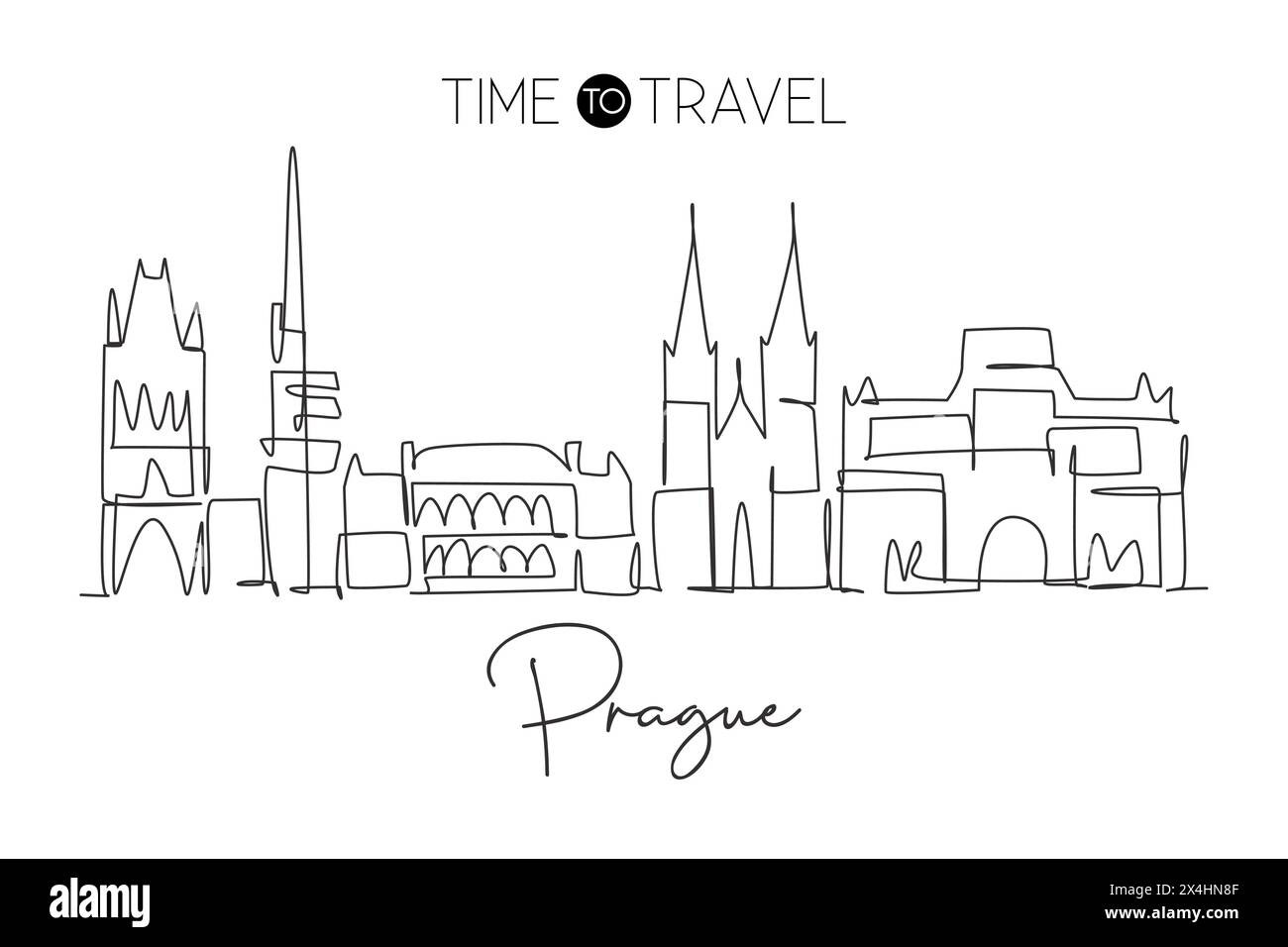 One single line drawing of Prague city skyline, Czech Republic ...