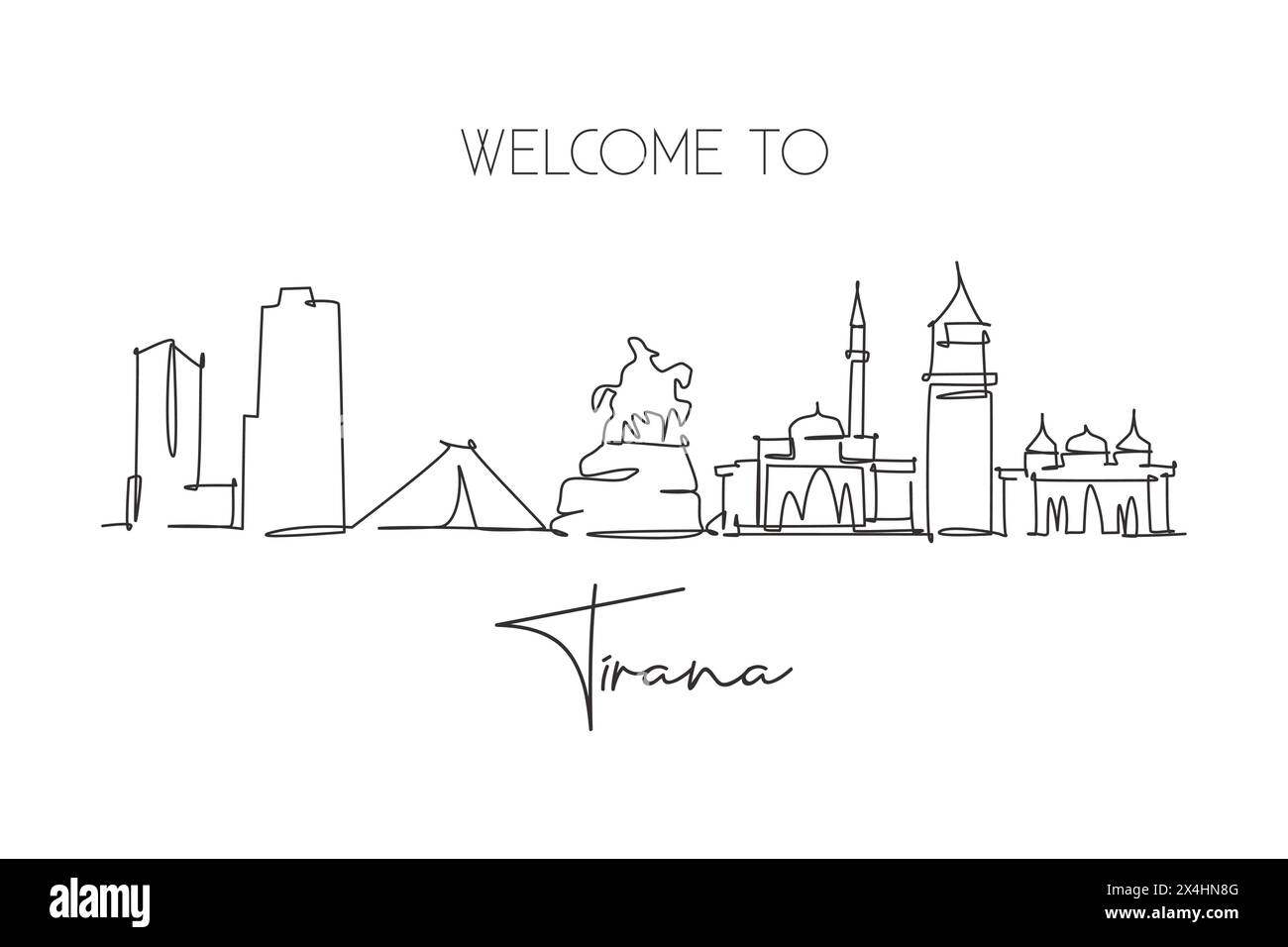 Single continuous line drawing of Tirana city skyline, Albania. Famous ...