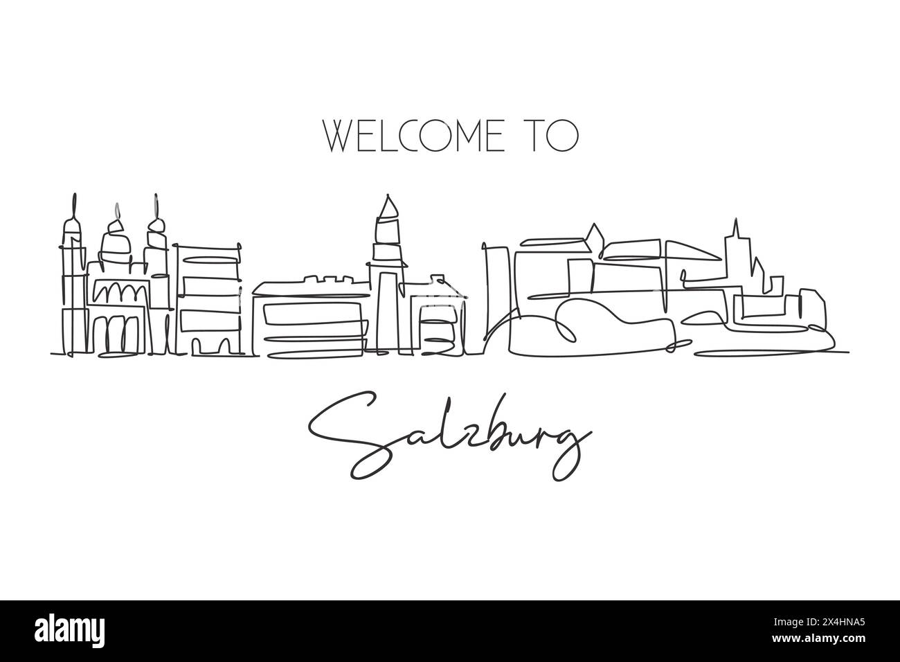 Single continuous line drawing of Salzburg city skyline, Austria ...