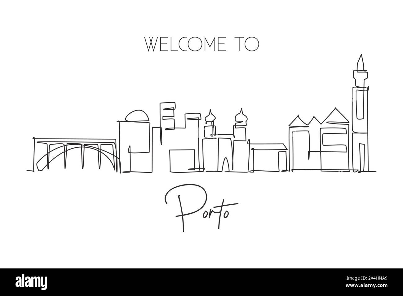 Single continuous line drawing of Porto city skyline, Portugal. Famous ...