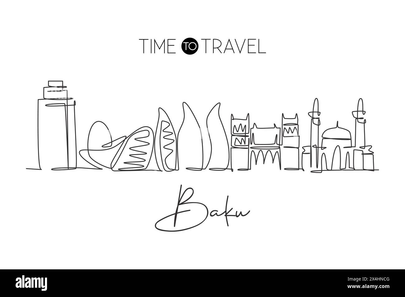 One continuous line drawing of Baku city skyline, Azerbaijan. Beautiful ...