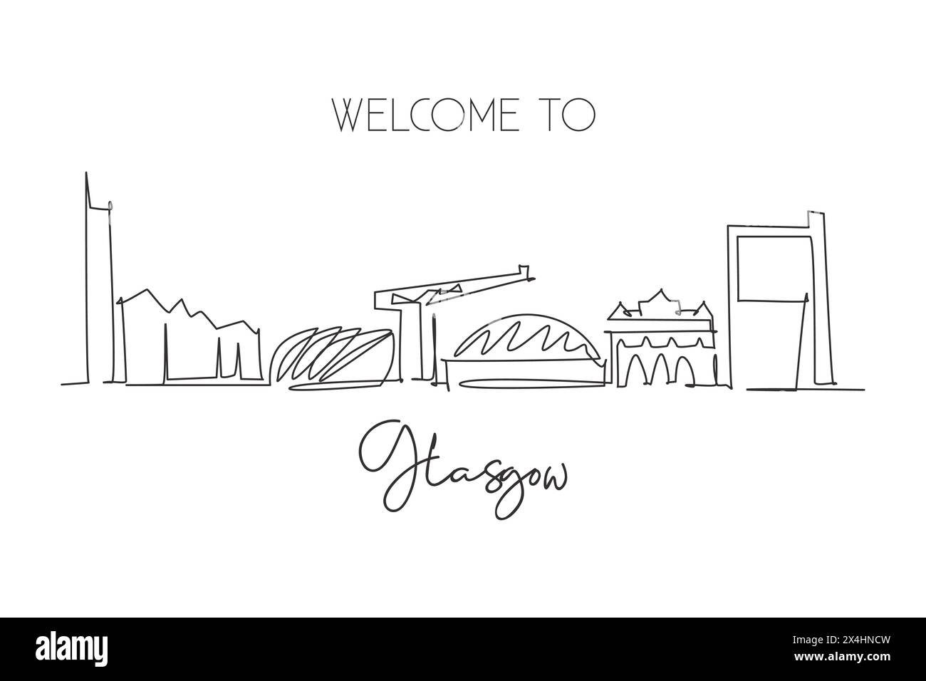One continuous line drawing of Glasgow city skyline, Scotland ...