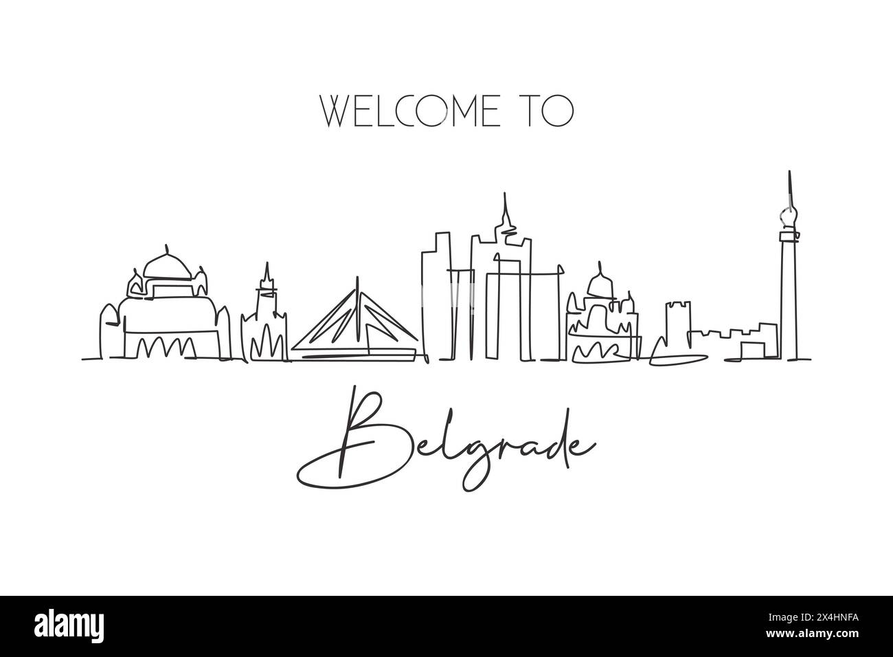 Single continuous line drawing of Belgrade city skyline, Serbia. Famous ...