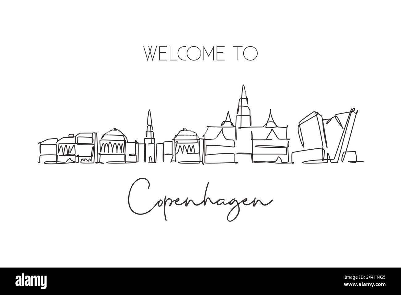 One single line drawing Copenhagen city skyline, Denmark. Historical ...