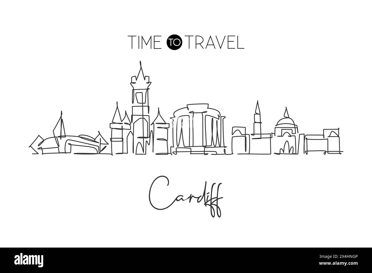 One single line drawing of Cardiff city skyline, Wales. Historical town ...