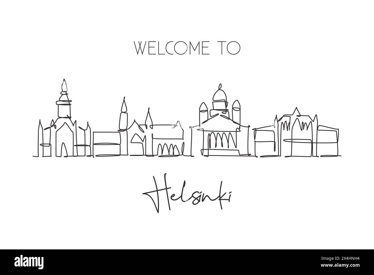 One single line drawing of Helsinki city skyline, Finland. Historical ...