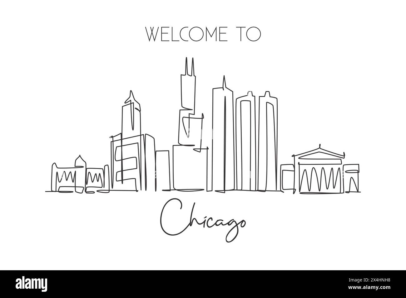 Single continuous line drawing of Chicago city skyline, USA. Famous ...