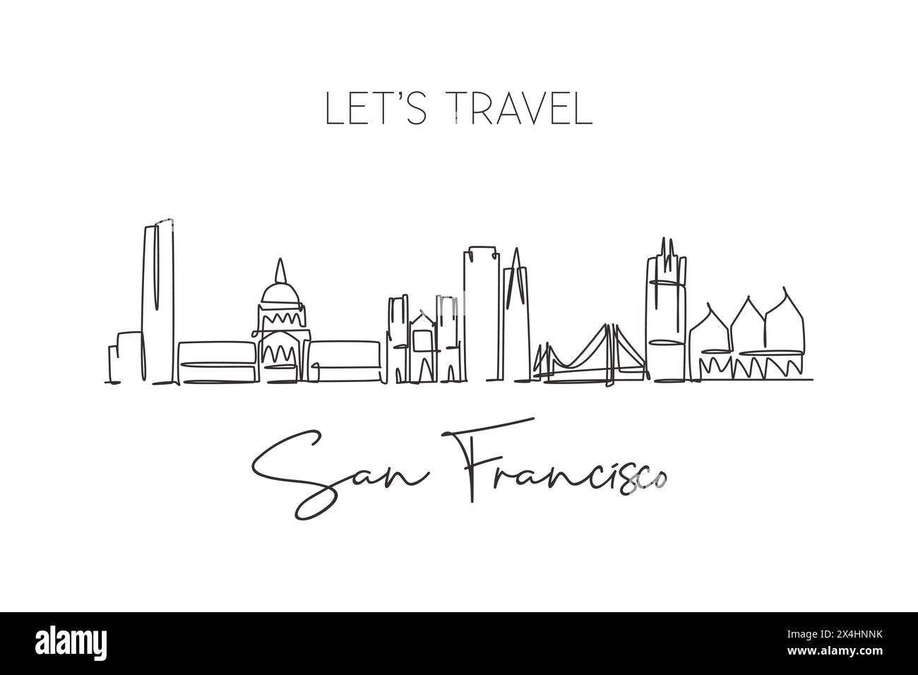 One single line drawing of San Francisco city skyline, USA. Historical ...