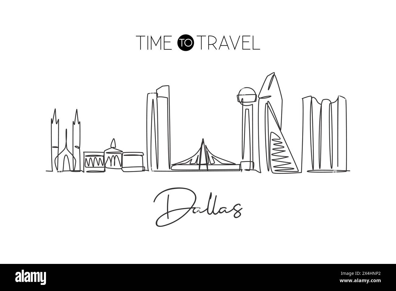 Single continuous line drawing of Dallas city skyline, USA. Famous city ...