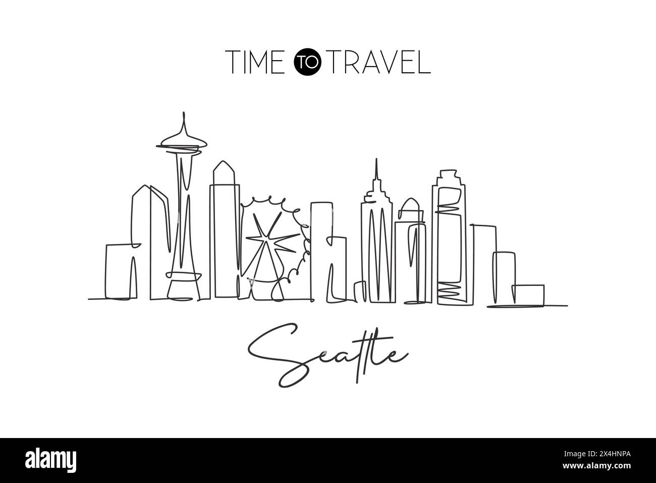 One continuous line drawing of Seattle city skyline, United States ...