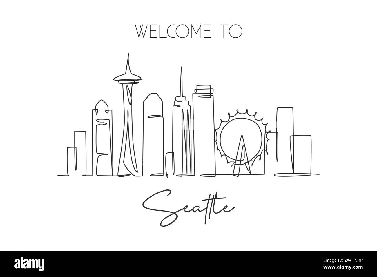 Single continuous line drawing of Seattle city skyline, USA. Famous ...