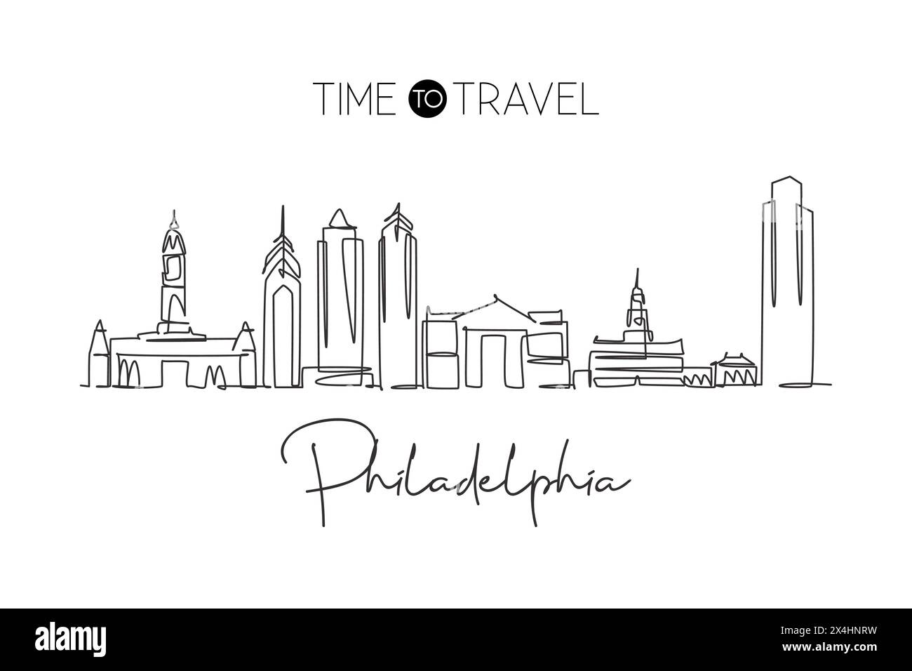 One single line drawing of Philadelphia city skyline, USA. Historical ...