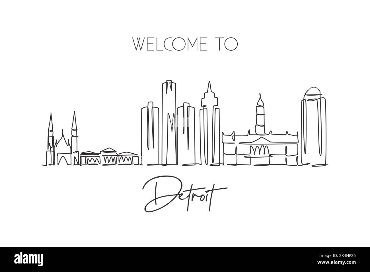 One single line drawing of Detroit city skyline, United States ...