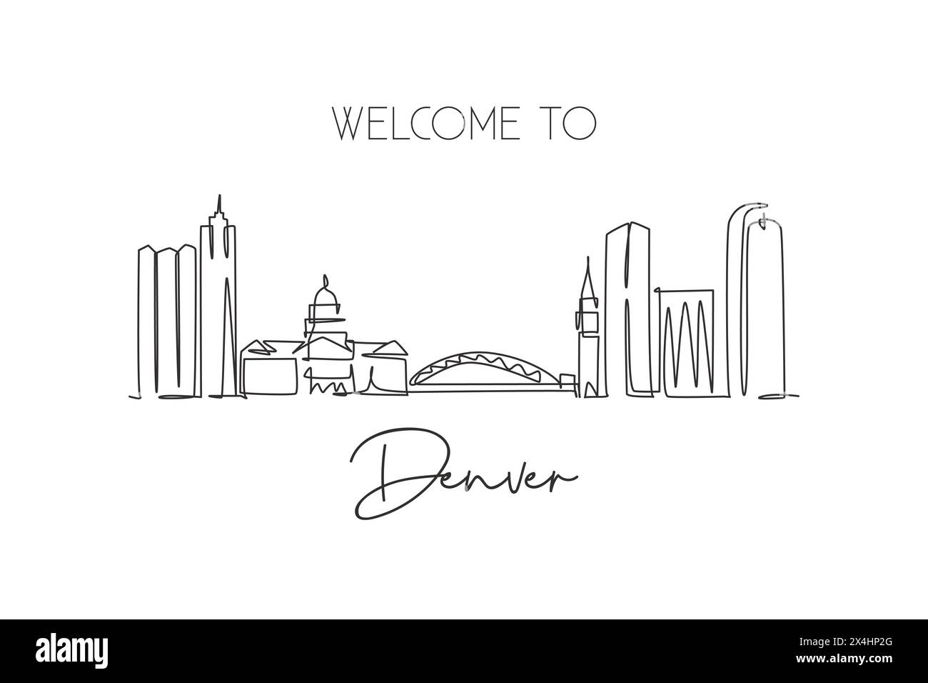 Single continuous line drawing of Denver city skyline, USA. Famous city ...