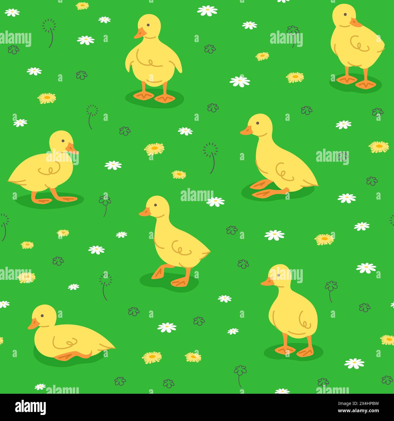 Cute little goslings playing in green meadow. Seamless background ...