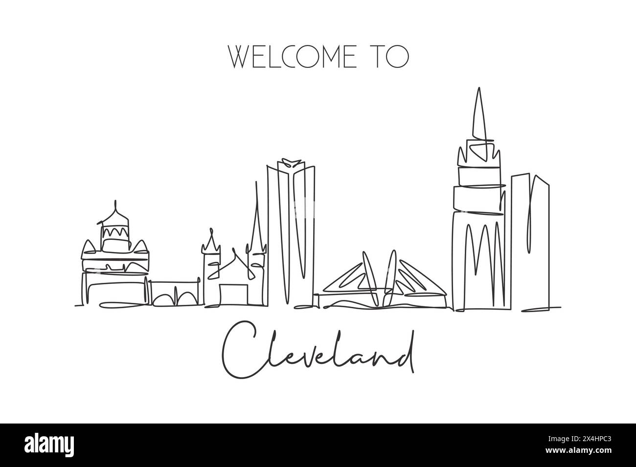 One single line drawing of Cleveland city skyline, USA. Historical town ...
