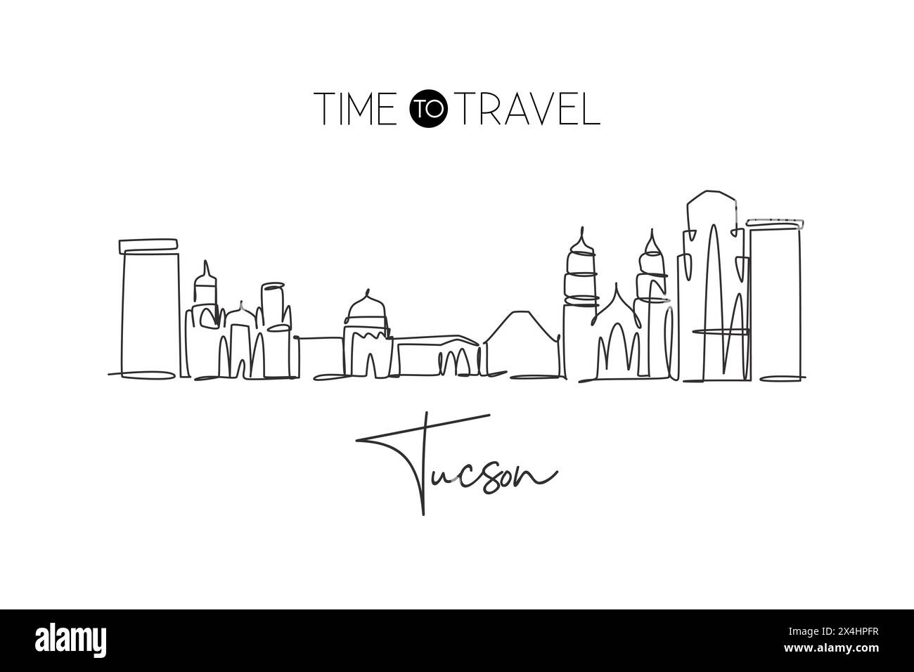 One single line drawing of Tucson city skyline, Arizona. Historical ...