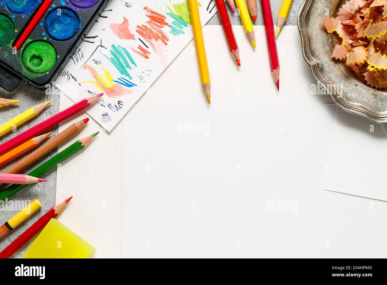 Watercolor paint box and colorful crayons. Hobby time Stock Photo - Alamy