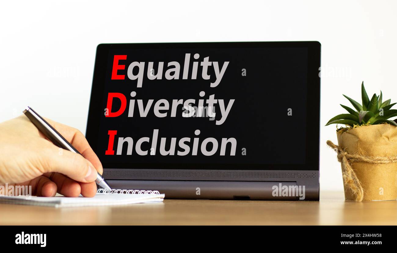 EDI equality diversity inclusion symbol. Concept words EDI equality diversity inclusion on black ...