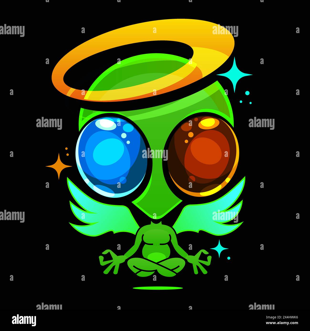 Cartoon character of a meditating alien sitting on top of a trippy ...
