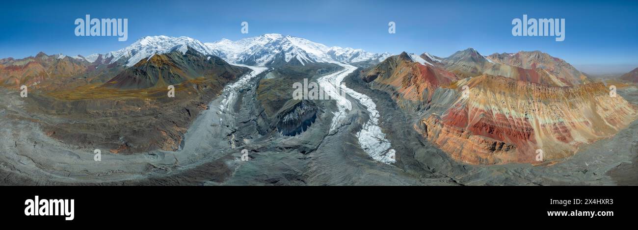 Aerial view, panorama, high mountain landscape with glacier moraines ...