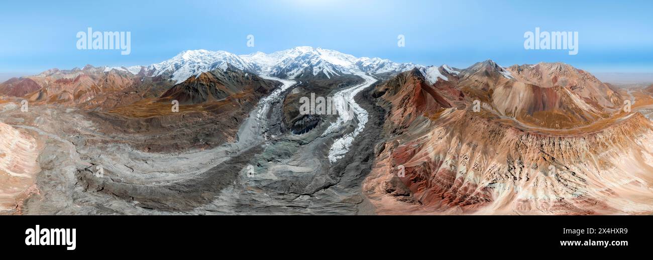 Aerial view, panorama, high mountain landscape with glacier moraines ...