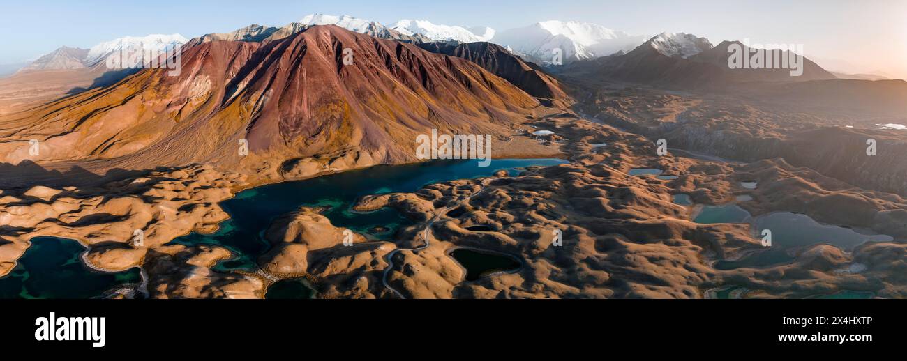 Aerial view, high mountain landscape with glacial moraines and mountain ...