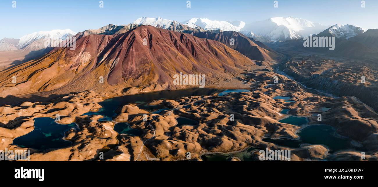 Aerial view, high mountain landscape with glacial moraines and mountain ...