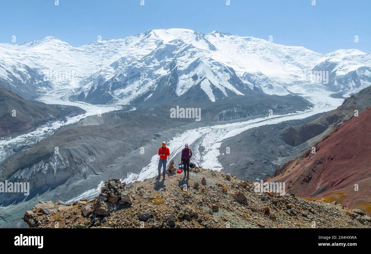 Aerial view, panorama, high mountain landscape with glacier moraines ...