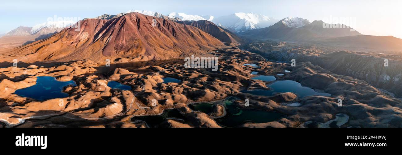 Aerial view, high mountain landscape with glacial moraines and mountain ...