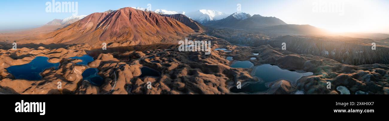 Aerial view, high mountain landscape with glacial moraines and mountain ...