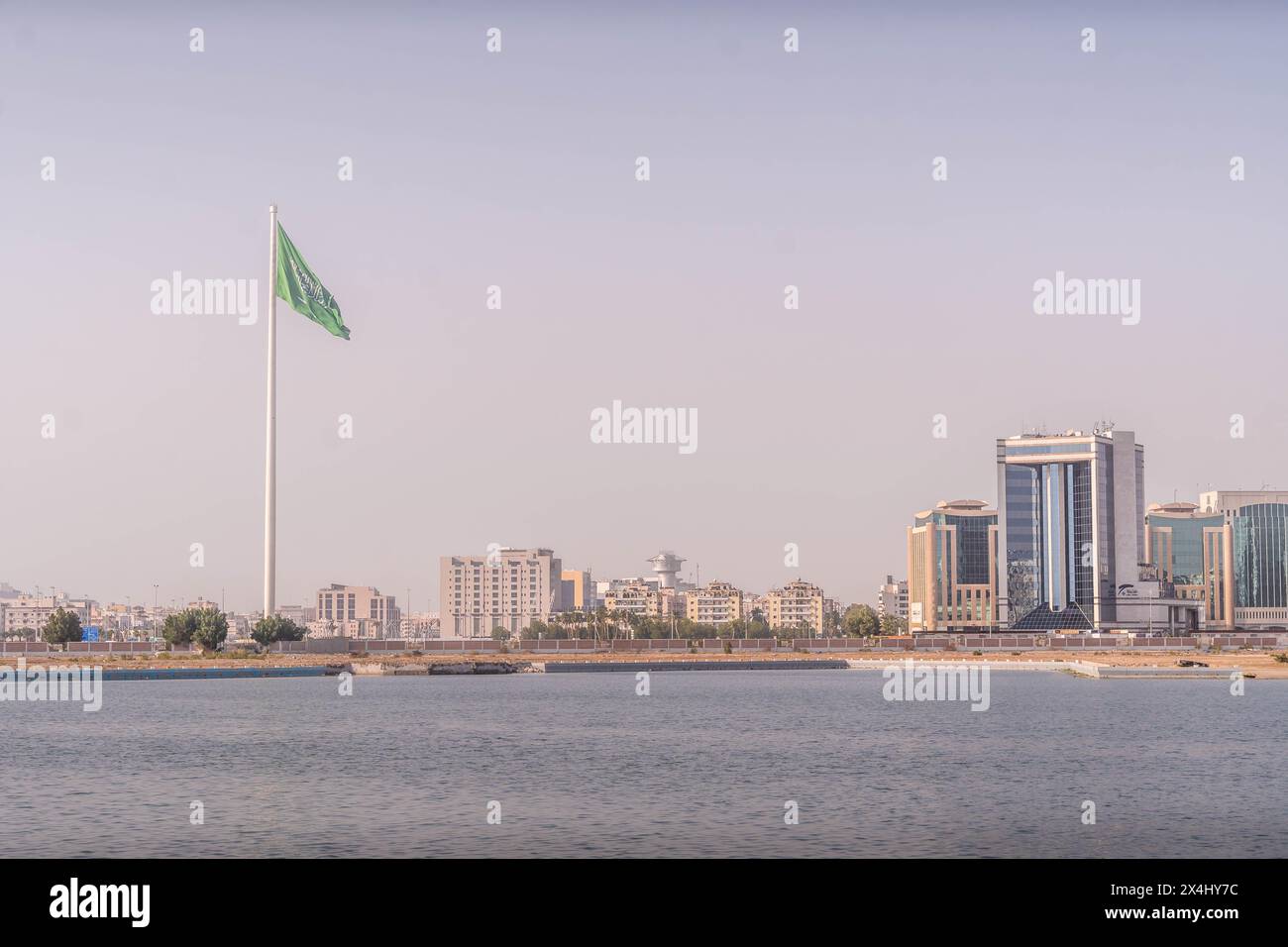 The panorama of Jeddah city in Saudi Arabia with the giant flag, the ...