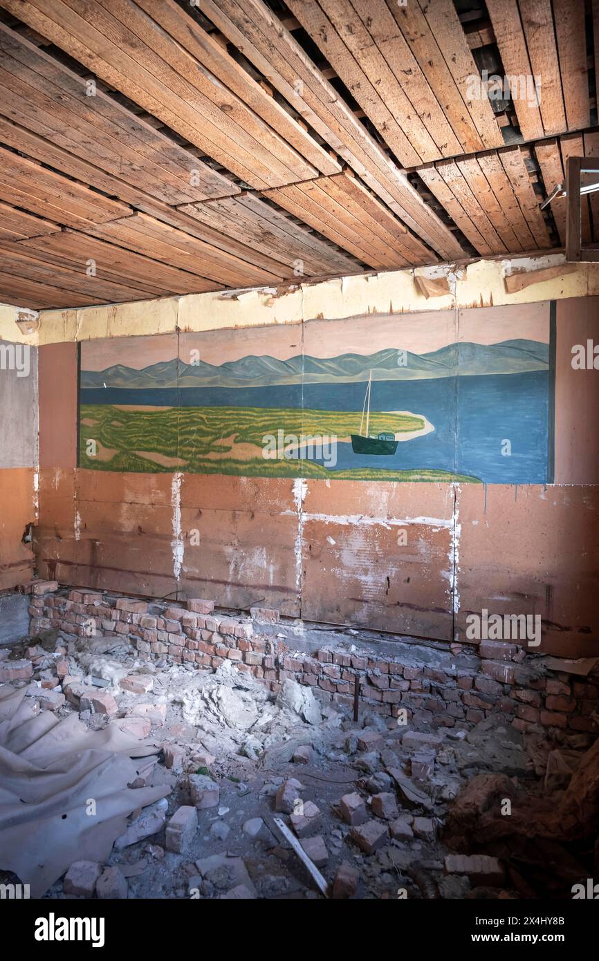 Abandoned building, ruins of an old school from the USSR Ghost town ...