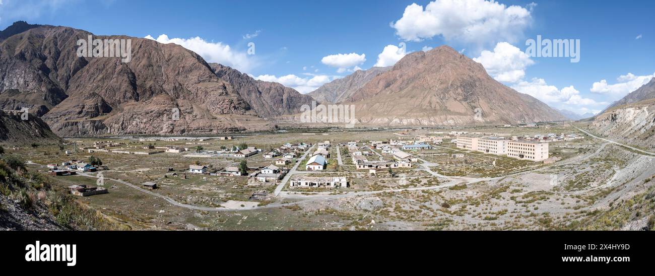 Town view, Abandoned buildings in barren landscape, Ghost town Enilchek ...