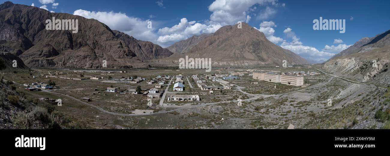 Town view, Abandoned buildings in barren landscape, Ghost town Enilchek ...