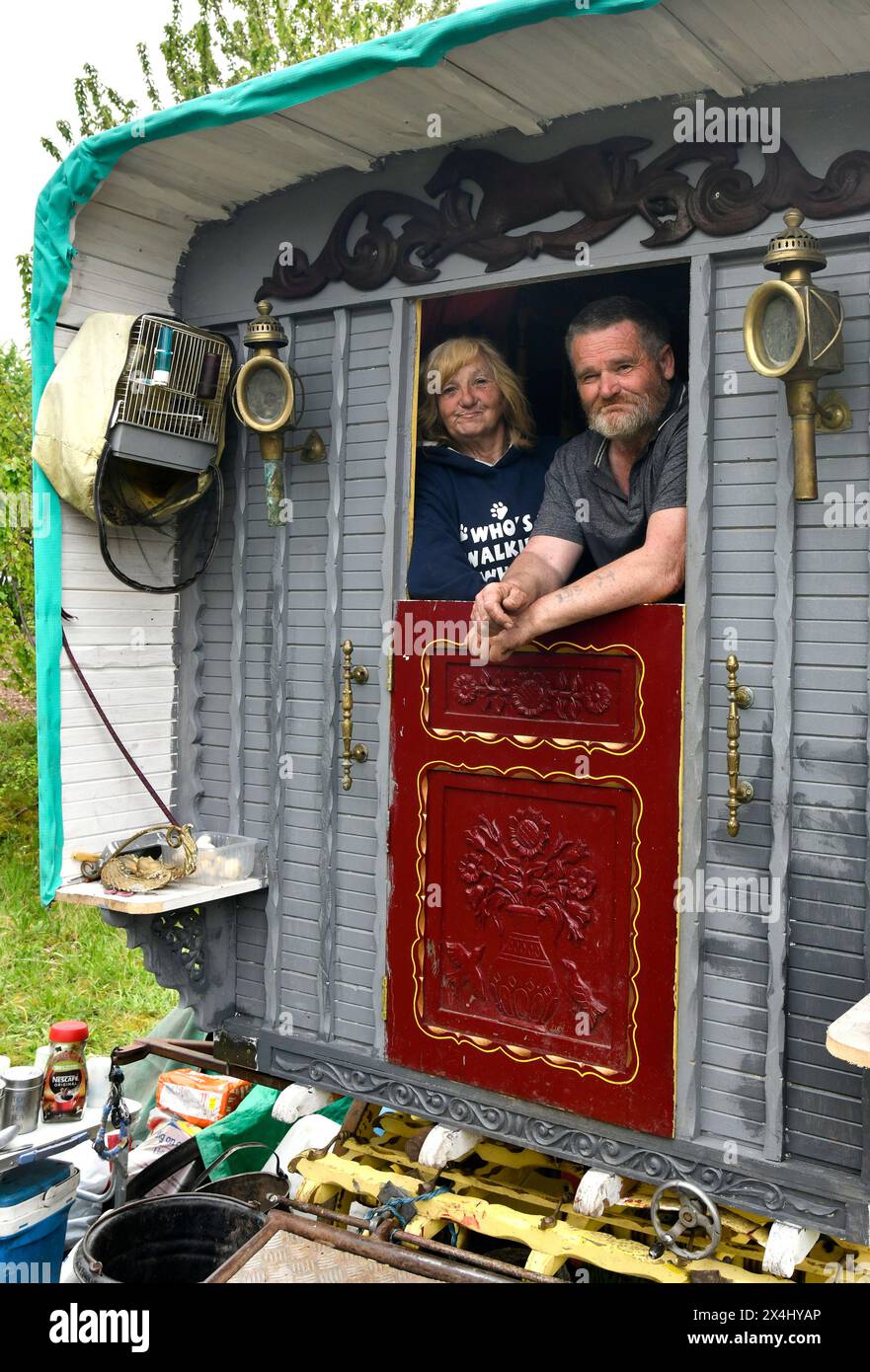 Romany family in traditional horse wagon caravan Britain, Uk Stock ...